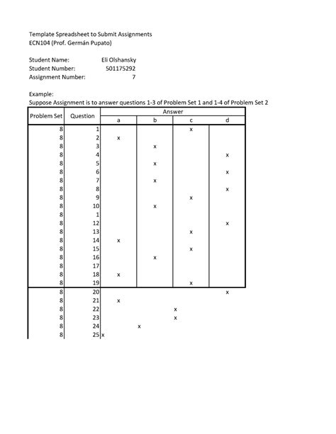 Problemset 8 9 Ps8 9 ECN 104 Template Spreadsheet To Submit Assignments ECN104 Prof