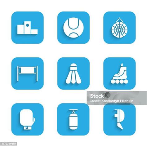 배드민턴 셔틀콕 샌드백 펜싱 헬멧 마스크 롤러 스케이트 권투 글러브 배구 네트 클래식 다트 보드 및 스포츠 우승자 연단 아이콘에 대한 상을 설정합니다 벡터 경쟁에 대한 스톡