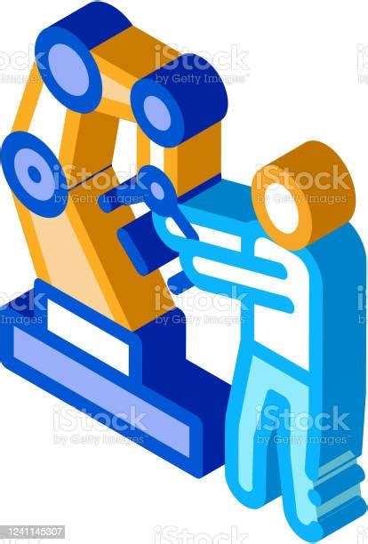 남자와 로봇 팔 등각투영 아이콘 벡터 일러스트 Cpu에 대한 스톡 벡터 아트 및 기타 이미지 Cpu 공장 산업 건물 단일