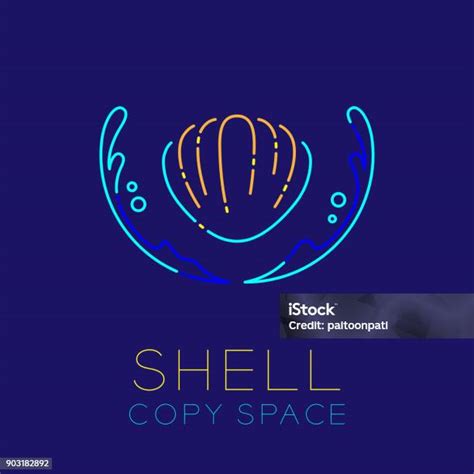 조개 물 얼룩 및 공기 거품 아이콘 개요 스트로크 설정 셸 텍스트와 복사 공간와 어두운 파란색 배경에 격리는 대시 선 디자인 일러스트 레이 션 0명에 대한 스톡 벡터 아트