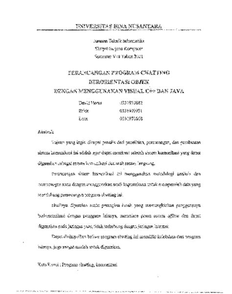 Pdf Perancangan Program Chatting Berorientasi Objek Dengan Menggunakan Visual C Dan Java