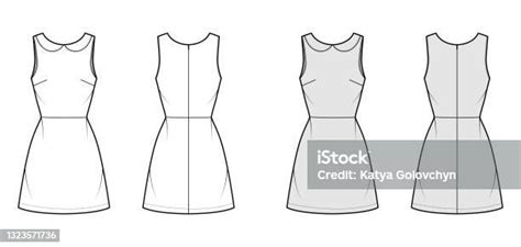 드레스 A 라인 테크니컬 패션 일러스트와 민소매 피터 팬 칼라 몸에 핏 무릎 위 길이 스커트 0명에 대한 스톡 벡터 아트 및 기타 이미지 Istock