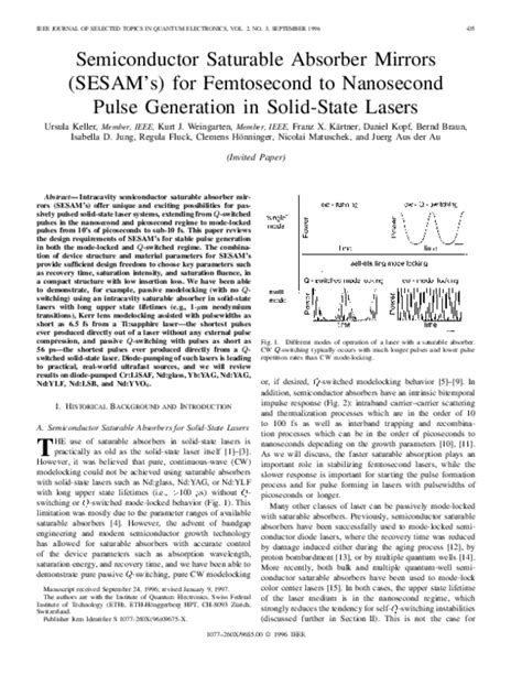 Pdf Semiconductor Saturable Absorber Mirrorssesams For Femtosecond To
