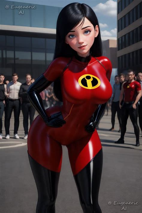 A Woman In A Red And Black Cat Suit Posing For The Camera With Other People Behind Her