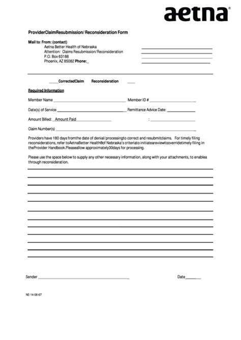 Form Ne 14 06 67 Aetna Provider Claim Resubmission Reconsideration Form Printable Pdf Download