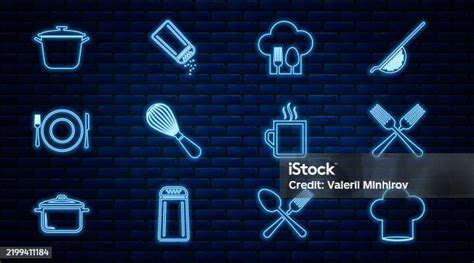 세트 라인 요리사 모자 교차 포크 숟가락 주방 거품기 접시 나이프 요리 냄비 커피 컵 및 소금 후추 아이콘 벡터 단일 객체에 대한 스톡 벡터 아트 및 기타 이미지 Istock