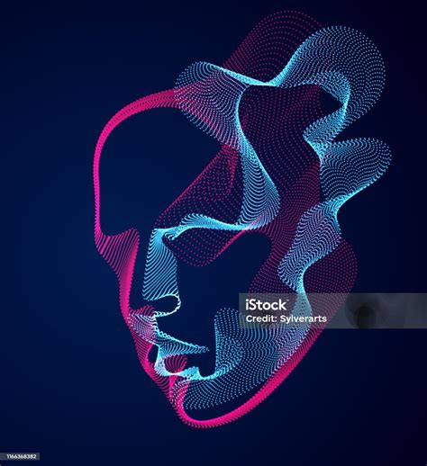 아름다운 벡터 인간의 얼굴 초상화 점선 입자 배열 인공 지능 Pc 프로그래밍 소프트웨어 인터페이스 디지털 영혼으로 만든 인간의 머리의 예술적인 그림 추상적인에 대한 스톡