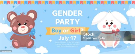 벡터 베이비 샤워와 성별은 파티 초대장 템플릿 포스터를 공개합니다 파란 배경에 곰이 있는 만화 유치한 장난감 하얀 토끼 가로 배경 전단지 행사 브로셔 0명에 대한 스톡 벡터