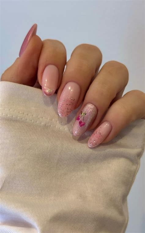Sparkly Pink Glitter Valentines Nails With Cherry Heart Accent