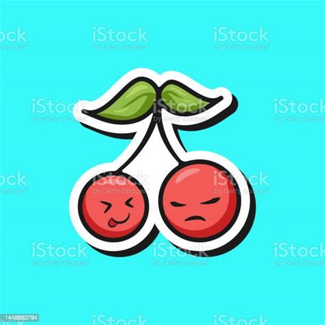 귀여운 사랑스러운 만화 신선한 빨간 체리 커플 그림 스티커 아이콘 마스코트와 로고 이모티콘 계절에 대한 스톡 벡터 아트 및 기타