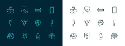 모바일에서 라인 음식 주문 카페 및 레스토랑 위치 시계 배달 생수 슬라이스 피자 도시락 커피 컵 및 온라인 물고기 아이콘을 설정합니다 벡터 등고선에 대한 스톡 벡터 아트 및