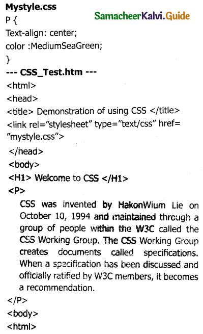 Samacheer Kalvi 11th Computer Applications Guide Chapter 13 Css Cascading Style Sheets