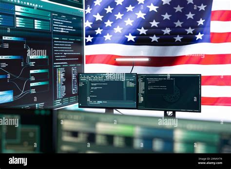 High Tech Governmental Cyber Operations Center With Usa Flag Network