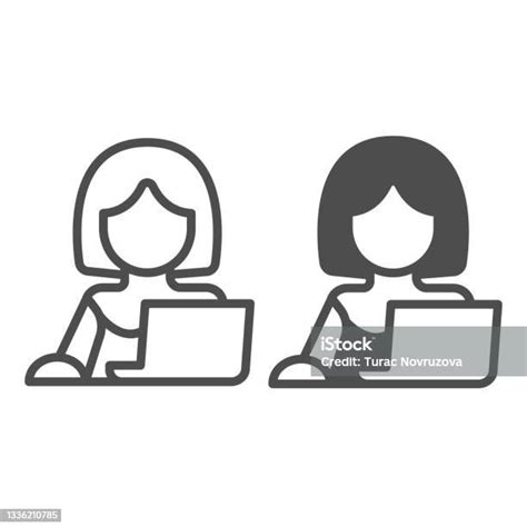 마우스 프리랜서 라인과 단단한 아이콘 작업 및 연구 개념 흰색 배경에 학생 벡터 기호 모바일 개념 및 웹 디자인에 대한 개요 스타일 아이콘과 노트북에 여자 벡터 그래픽 10