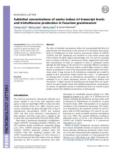 Pdf Sublethal Concentrations Of Azoles Induce Tri Transcript Levels