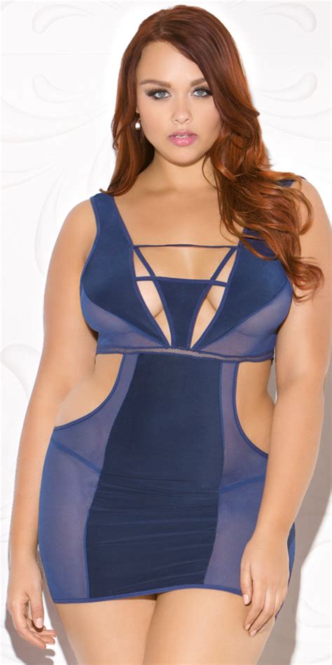 Plus Size Navy Mesh Chemise With Sheer Panels Sexy Women S Lingerie