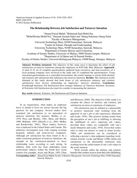 Pdf The Relationship Between Job Satisfaction And Turnover Intention