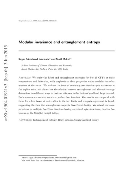 Pdf Modular Invariance And Entanglement Entropy