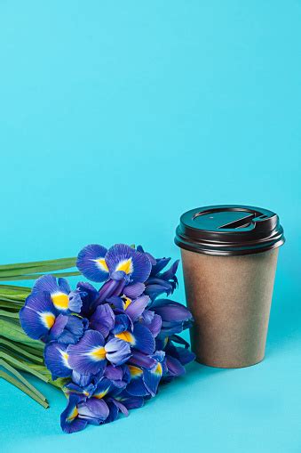 테이크 아웃 종이 커피 컵 이랑 파란색 배경에 고립 아이리스와 커피 컵의 컨셉 사진입니다 0명에 대한 스톡 사진 및 기타 이미지 Istock