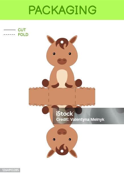 Diy 파티 호의 상자 다이 컷 템플릿 디자인 생일 과자 사탕 작은 선물에 대한 귀여운 말과 아기 샤워 인쇄 가능한 색상 구성표입니다 인쇄 잘라내기 접기 접착제 벡터