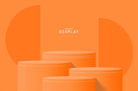 스튜디오 룸에 있는 추상적인 오렌지색 3d 배경 반원 모양의 배경이 있는 사실적인 3d 실린더 연단 받침대 모형 또는 제품
