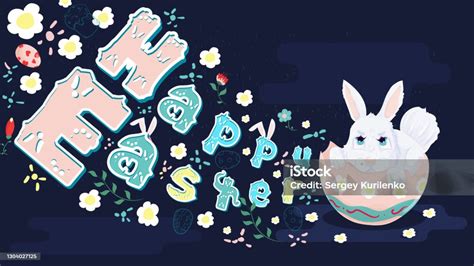 휴일 디자인 장식 또는 인쇄 평면 벡터에 대한 페인트 달걀 그림의 껍질에 앉아 아름다운 물결 모양의 비문 토끼와 해피 부활절 그린 포스터 개념에 대한 스톡 벡터 아트 및