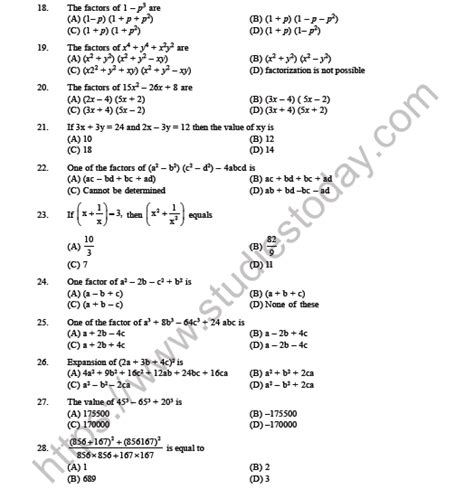 Cbse Class 8 Mathematics Factorisation Mcqs With Answers