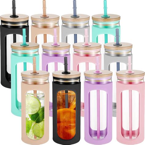 Tanlade 12 Pack 20 Oz Glass Tumblers With Bamboo Lid And Straw Reusable Iced Coffee
