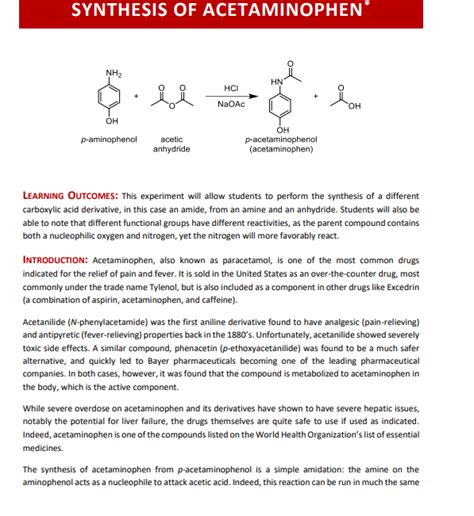 Synthesis Of Acetaminophen ∗ Learning Outcomes This