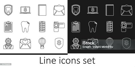 세트 라인 방패와 달러 시네마 카메라 책 부러진 치아 치과 카드가있는 클립 보드 치과 보호 스마트 폰 연락처 및 노트북 아이콘 벡터 개념에 대한 스톡 벡터 아트 및 기타