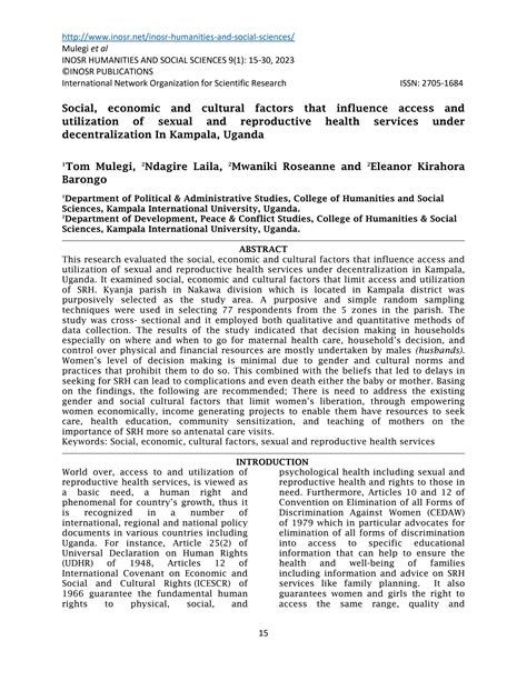 Social Economic And Cultural Factors That Influence Access And Utilization Of Sexual And