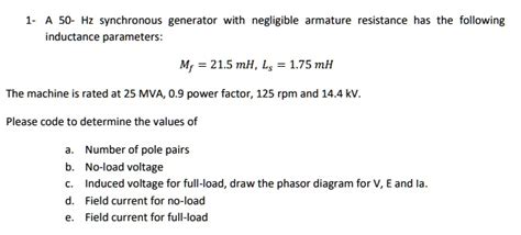 Solved Please Do This Question On Matlab 1 A 50 Hz Synchronous Generator With Negligible