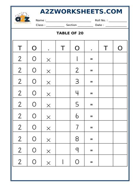 A2zworksheets Worksheet Of Table Of Twenty Multiplication Maths