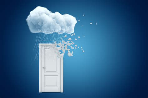 파란색 배경에 비가 내리는 구름 아래 오른쪽 상단 모서리에있는 작은 조각으로 부서지기 시작한 닫힌 흰색 도어의 3d 렌더링 문에 대한 스톡 사진 및 기타 이미지 Istock