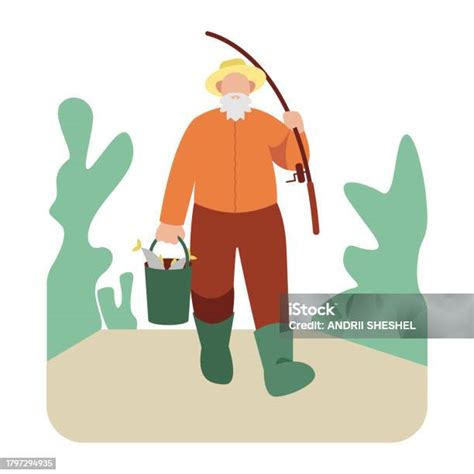 낚싯대와 물고기 양동이를 든 남자가 낚시를 마치고 집으로 돌아간다 50 59세에 대한 스톡 벡터 아트 및 기타 이미지 50 59세 55 59세 60 64세 Istock
