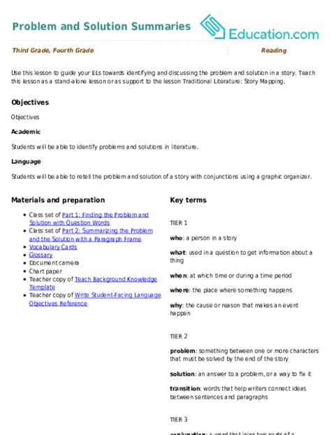 EL Support Lesson Problem And Solution Summaries Lesson Plan