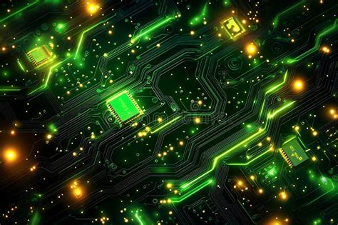 Glowing Green Circuit Board Abstract Technology Background A Detailed Closeup Of Illuminated