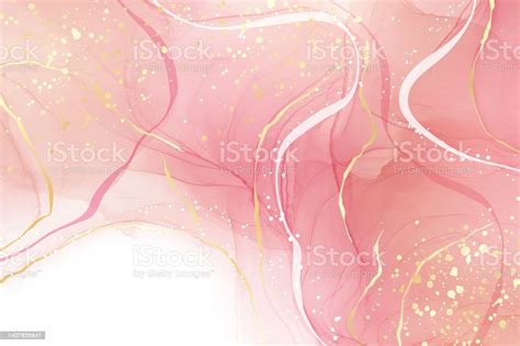 골든 닷이 있는 로즈 핑크 액체 수채화 배경 먼지가 홍당무 대리석 알코올 잉크 그리기 효과 웨딩 초대 메뉴 Rsvp에 대한 벡터 일러스트 디자인 템플릿 분홍색 배경에 대한