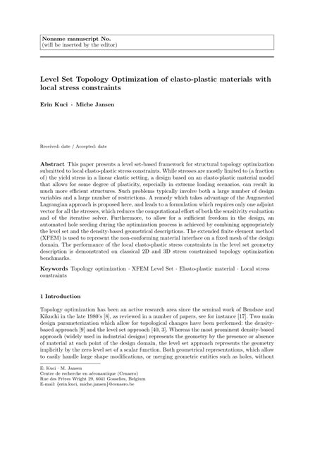 Pdf Level Set Topology Optimization Of Elasto Plastic Materials With Local Stress Constraints