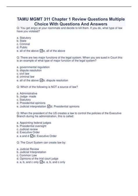 Tamu Mgmt 311 Chapter 1 Review Questions Multiple Choice With Questions And Answers Tamu Mgmt