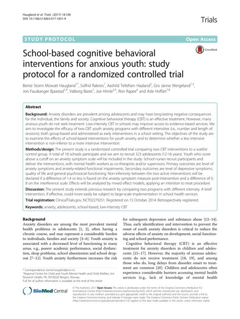 Pdf School Based Cognitive Behavioral Interventions For Anxious Youth