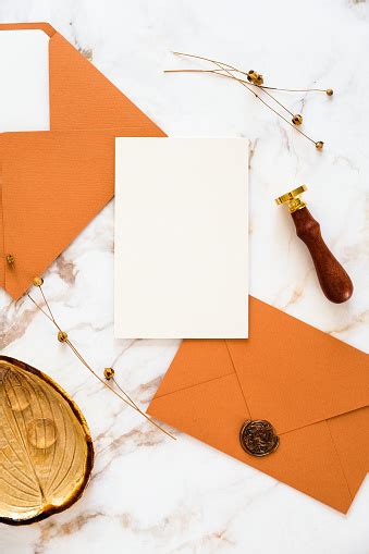 웨딩 초대 카드 디자인 플랫 누워 빈 종이 카드 모형 청동 색 봉투 왁스 스탬프 황금 반지 대리석 책상 테이블에 마른 잔디 0명에 대한 스톡 사진 및 기타 이미지 Istock
