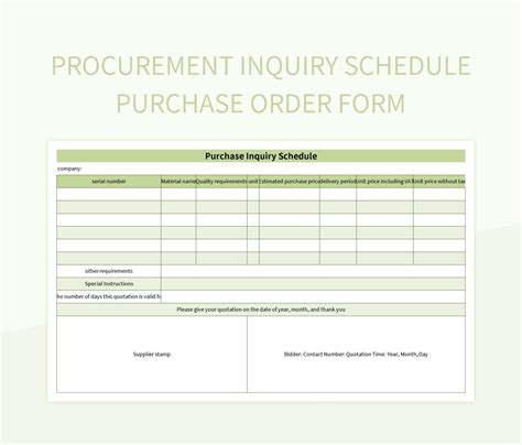 Procurement Inquiry Schedule Purchase Order Form Excel Template And