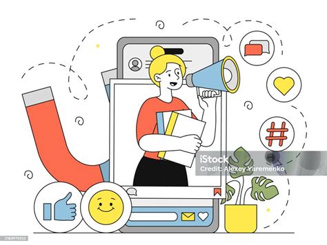 소셜 네트워크에서의 마케팅 스마트폰 화면에 확성기를 가진 여자 인터넷 및 소셜 네트워크에서의 홍보 온라인 광고 선형 벡터 그림 인플루언서에 대한 스톡 벡터 아트 및 기타