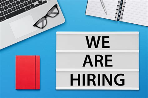 우리가 고용하고 있는 단어와 라이트 박스 파란색 배경에 노트북과 사무 용품 플랫 평구 구성 0명에 대한 스톡 사진 및 기타 이미지 Istock