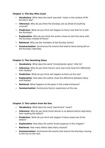 Reading Vipers Style Questions For Harry Potter And The Philosophers Stone Teaching Resources