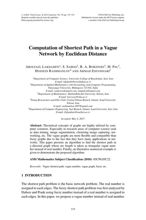 pdf computation of shortest path in a vague network by euclidean distance