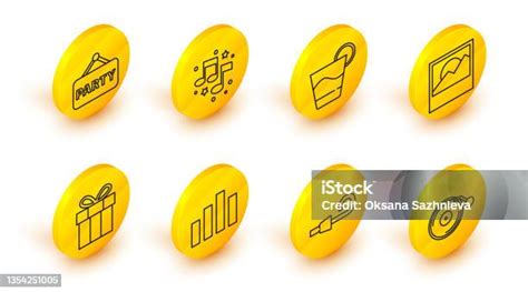 디스크 생일 파티 경적 음악 이퀄라이저 선물 상자 사진 칵테일 노트 톤 및 서명판 아이콘세트 라인 비닐 플레이어 벡터 3차원 형태에 대한 스톡 벡터 아트 및 기타 이미지