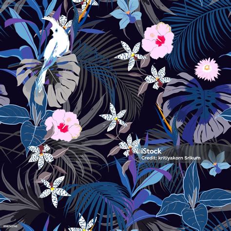 벡터 완벽 한 아름 다운 예술 여름 어두운 열 대 패턴 이국적인 숲으로 밝고 화려한 원래 세련 된 꽃 배경 인쇄 밝은 숲 꽃 0명에 대한 스톡 벡터 아트 및 기타 이미지