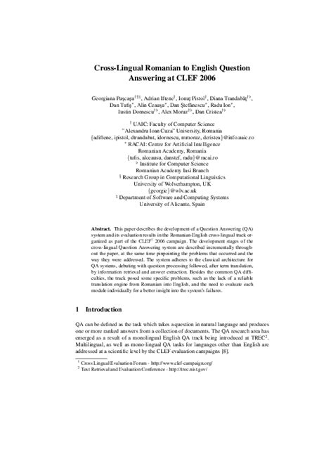 Pdf Cross Lingual Romanian To English Question Answering At Clef 2006